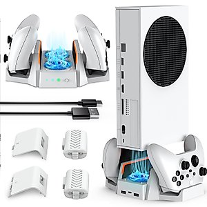 CTPOWER Cooling Stand for Xbox Series S with Dual Cooling Fan 3 Level Adjustable Speed, Dual Controller Charger with LED Indicator USB Port - 2 x 800mAh Rechargeable