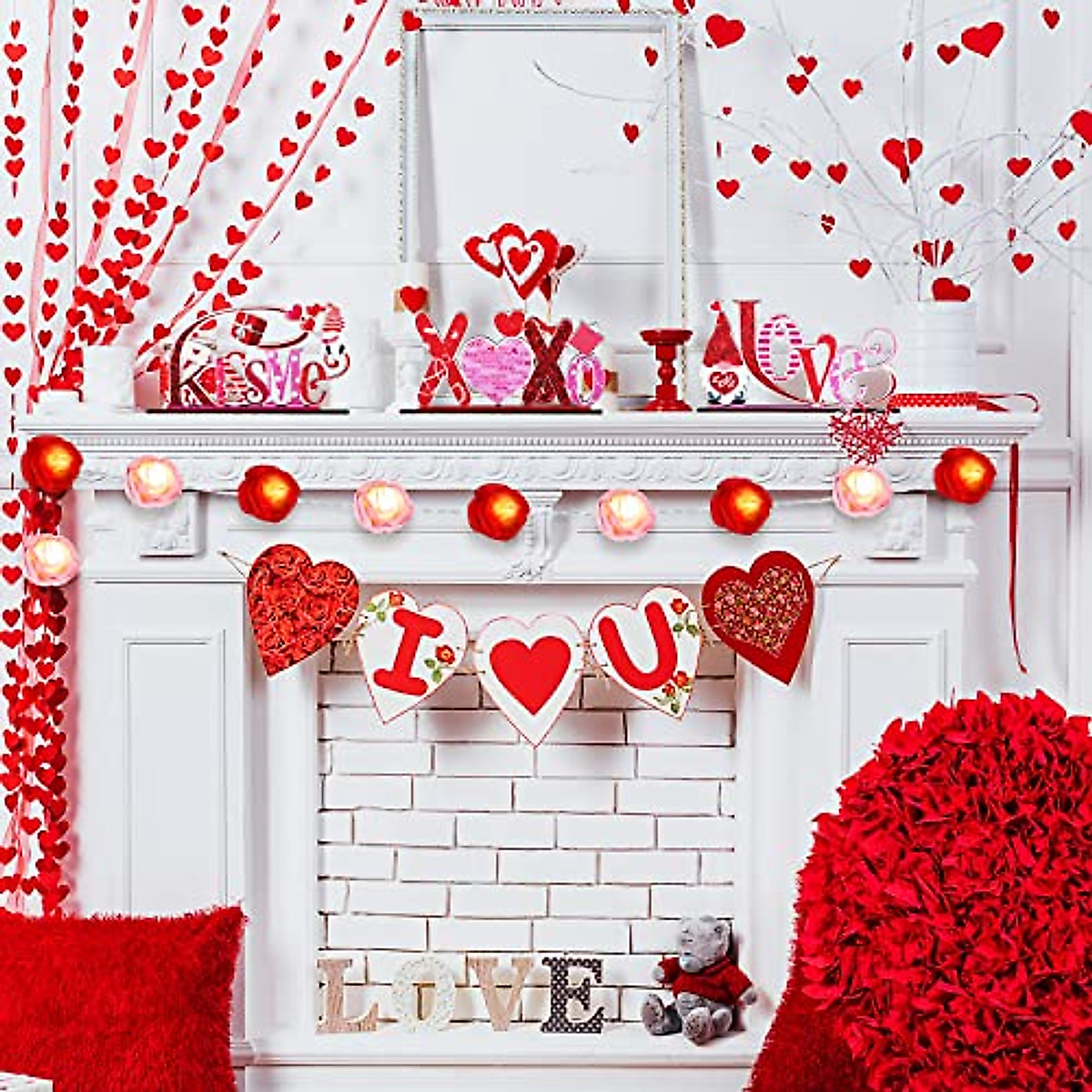 Jetec 7 Pieces Valentine's Day Table Decorations Set Wooden Heart Table Centerpiece Love Wood Sign with LED Rose Lamp String Light Valentine Decorations for Home Anniversary Wedding Party Decors