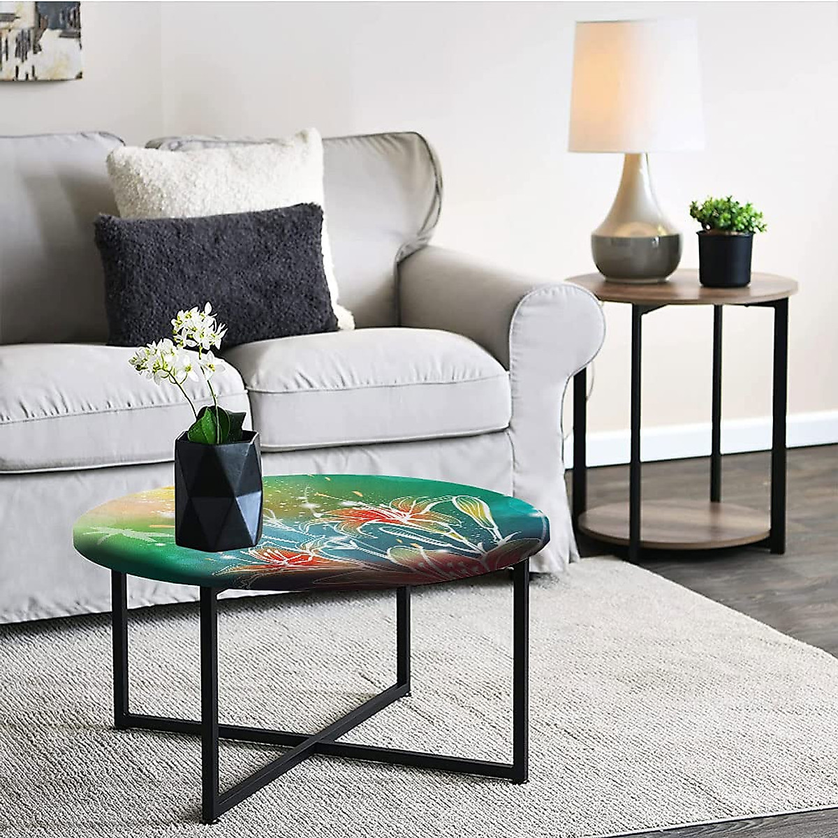 JUNTAIY Round Tablecloth, Dragonfly Tablecloth for Side Table, Spring Theme Sketchy Digital Leaves Lilacs with, Fit Round Tables 61inch Diameter, for Dining Room/Party/Banquet Decoration