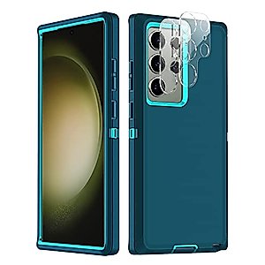 I-HONVA for Samsung Galaxy S23 Ultra Case with 2 Pack Camera Lens Protector Heavy Duty Shockproof 3-Layer Full Body Protection Durable Cover Case for Galaxy S23 Ultra 5G 6.8 inch 2023,Turquoise