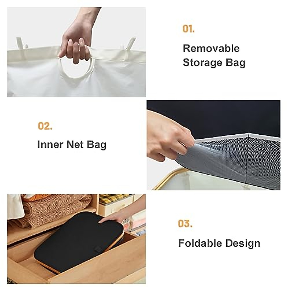 ROPECUBE 145L laundry basket with Lid, Large Foldable Laundry Hamper for laundry with net bag,Clothes Basket Organizer with 2 storage bag for Bedroom and Bathroom (Black and White)