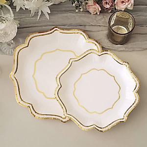 Tableclothsfactory 25 Pack | White/Gold 10" Scallop Rim Dinner Party Paper Plates, Disposable Plates - 300 GSM