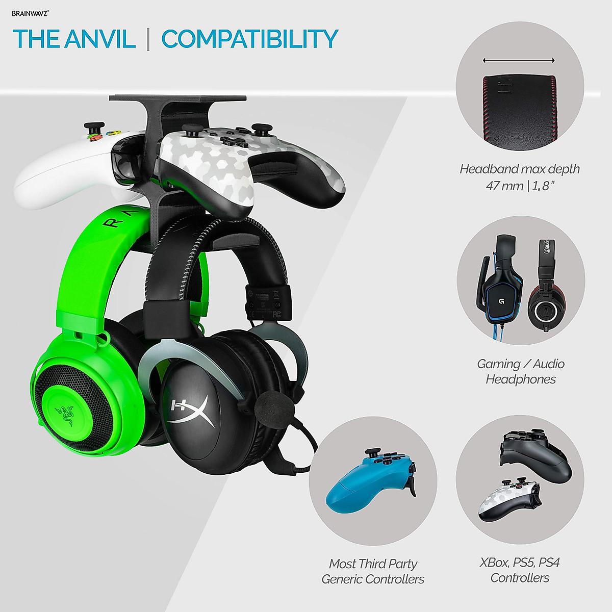 BRAINWAVZ [EOL] The Anvil - Under Desk/Shelf Dual Gamepad Controller & Dual Headphone Hanger Holder Stand - Designed for Xbox ONE PS4 PS3 PS5 Dualshock DualSense HyperX PC Steelseries Razer [EOL]
