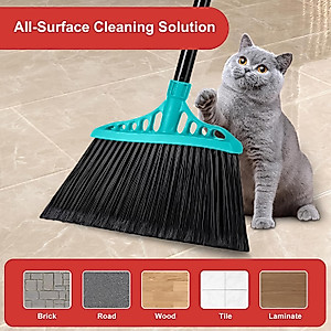 Tiumso Heavy Duty Broom, Outdoor Brooms, Commercial Broom for Sweeping Indoor, Kitchen Broom with 55" Long Handle, Angle Brooms for Patio Kitchen Shop Sidewalk - Blue