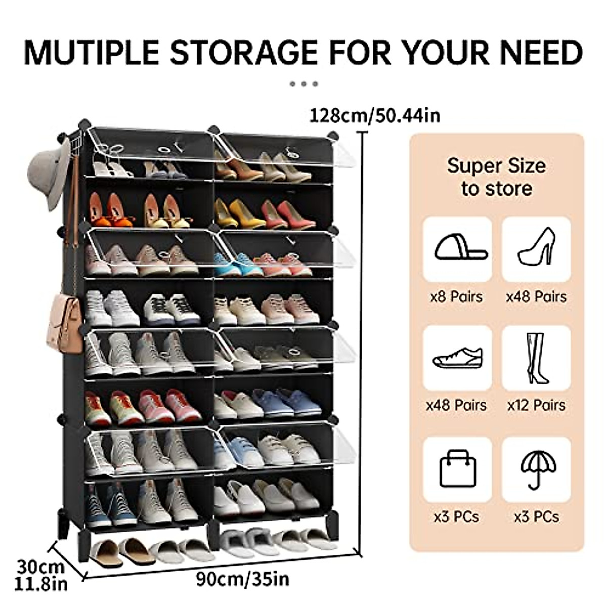 MAGINELS Shoe Rack Organizer for Entryway Closet Expandable 32 Pairs 8 Tier Shoe Storage Cabinet Narrow Standing Stackable Space Saver Shoe Rack for Entryway, Hallway and Closet,Grey