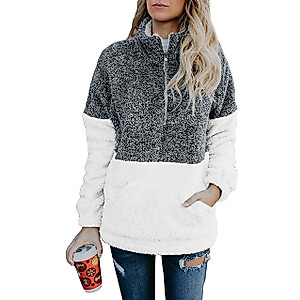 BTFBM Women Sherpa Pullover Quarter Zip Long Sleeve Fluffy Soft Fleece Jackets Sweaters Sweatshirts Hoodies Outwear Coat (Grey, Medium)