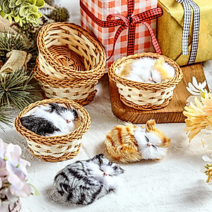 Civaner 4 Pcs Sleeping Cat in Basket Doll Toy Lovely Mini Kitten in Woven Realistic Fake Fluffy Hand Gift Plush Stuffed Decor with Meows Sounds for Office Desk Boys Girls