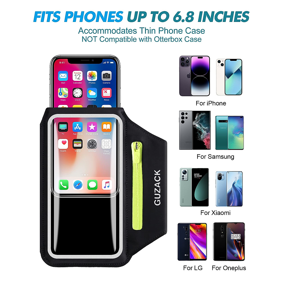 Cell Phone Armband with Zipper Pocket, Phone Holder for Running Armband for iPhone 15 14 13 12 11 Pro Max, Galaxy S23 S22 - [Fit Up to 6.8” All Phones] Sports Arm Holder with Key Pocket & Card Slot