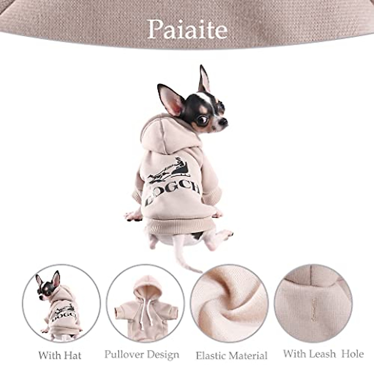 Paiaite Beige Chihuahua Dog Hoodie Winter Small Dog Sweatshirt with Leash Hole Warm Pet Clothes for Puppy Dog Sweater Coat Clothing DOGCH M