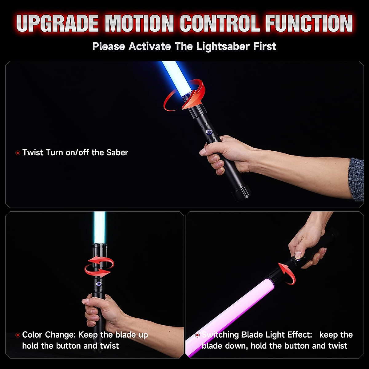 Light Saber with Motion Control, Heavy Dueling Lightsaber Smooth Swing 12 RGB Colors, 16 Fonts Sound Light Sabers Sword, Hilt Fx Lightsabers for Adults Kids Christmas Cosplay Gift Black E28