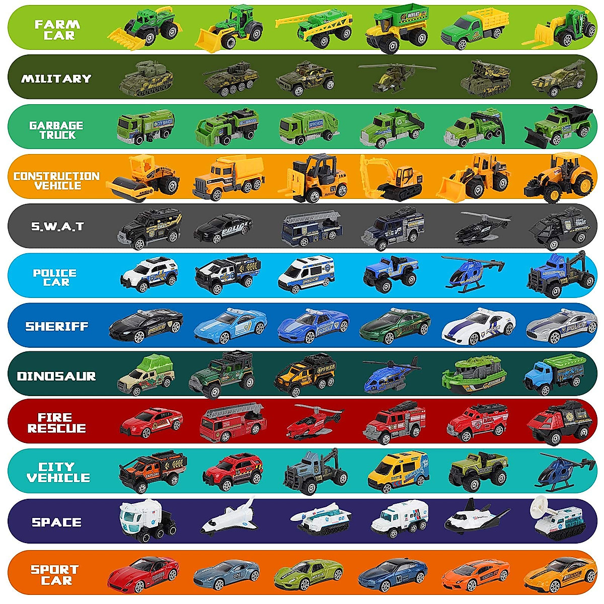 Oriate Diecast Toy Cars Set for 3 4 5 6 7 8 Year Old Boys, 12 Pack Mini Metal Cars 1/64, 12 Theme in one Set Blind Box Edition- Include Farm, Space Ship, Truck for Children Birthday Party Decor Gifts