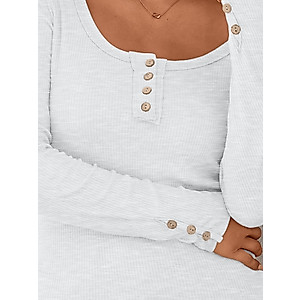 Kissfix Womens Long Sleeve Shirts Going Out Fall Clothes Casual Henley Tops Ribbed Knit Blouses Fashion Trendy Outfits White L