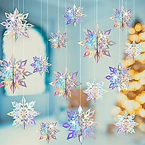 Christmas Hanging Snowflakes Decorations 15 Pack 3D Iridescent Paper Snowflakes Rainbow Snow Flakes Garland for Winter Wonderland Holiday Frozen Christmas Birthday Party Decorations Supplies