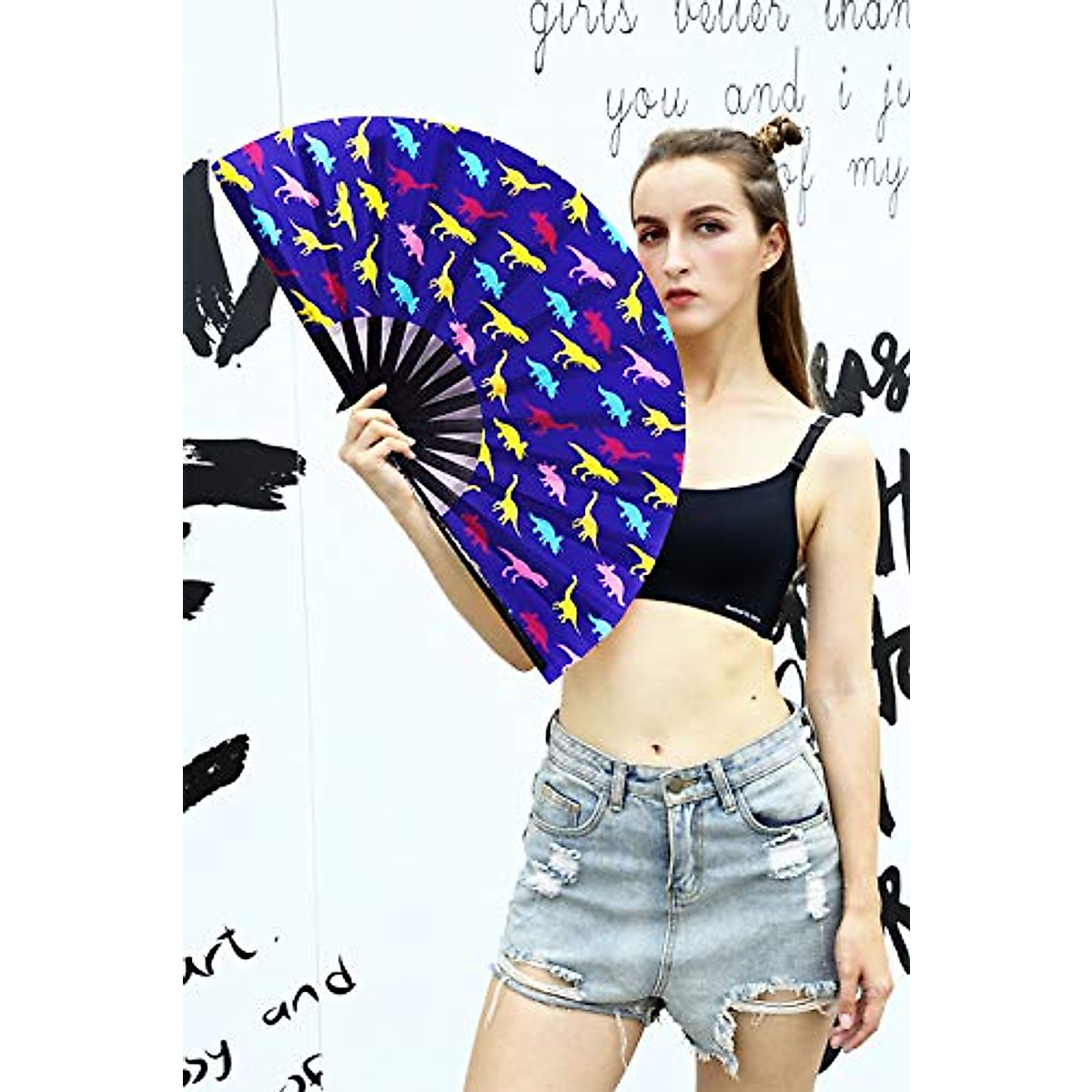 Amajiji Large Rave Folding Hand Fan for Men/Women, Chinease/Japanese Bamboo Hand Fan, Festival Accessories Performance Decoration Gift Dance Handheld Fan (Dinosaur)