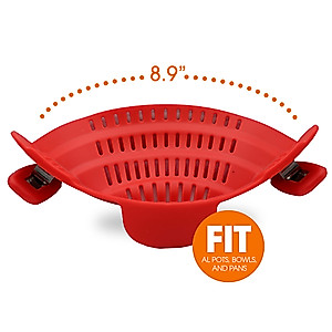 Cheer Collection Silicone Clip on Pot Strainer, Heat-resistant Snap-On Strainer for Pasta, Noodles, Rice, Meats and Vegetables, Red