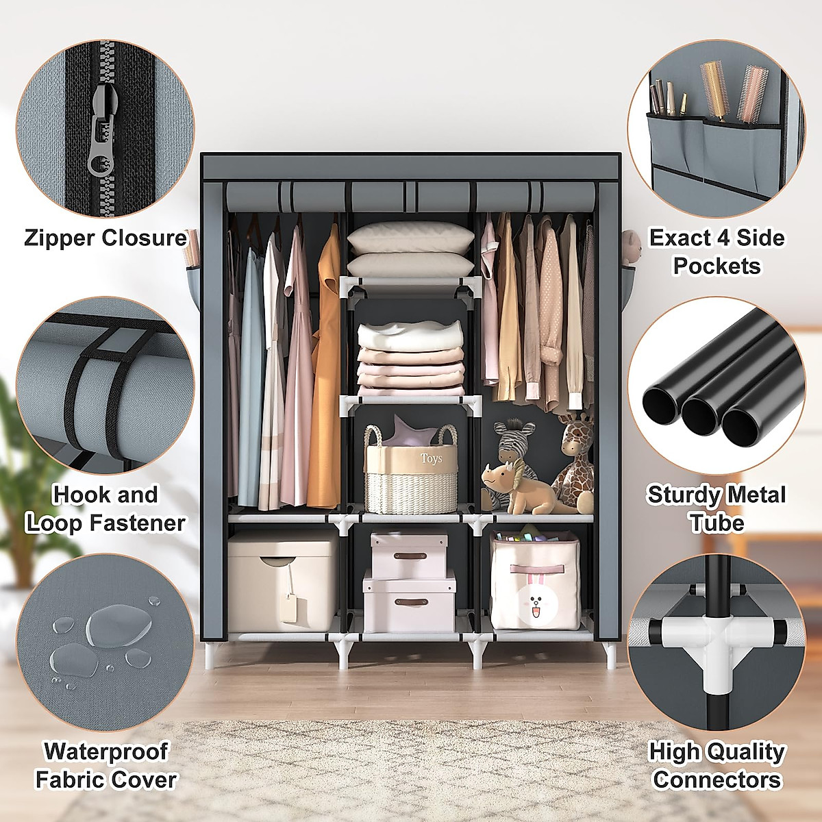 VTRIN Portable Closet Wardrobe for Hanging Clothes with 2 Hanging Rods and 8 Storage Organizer Shelves,Sturdy Large Wardrobe Closet for Bedroom Free Standing Clothes Rack with Cover,Grey