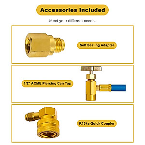 Belleone R134a Refrigerant Recharge Kit, AC Recharge Hose Kit with Gauge, R134a Freon Can Tap Recharging Hose with Detachable R134a Quick Coupler, R134a Self-Sealing Adapter for AC Refrigerant System