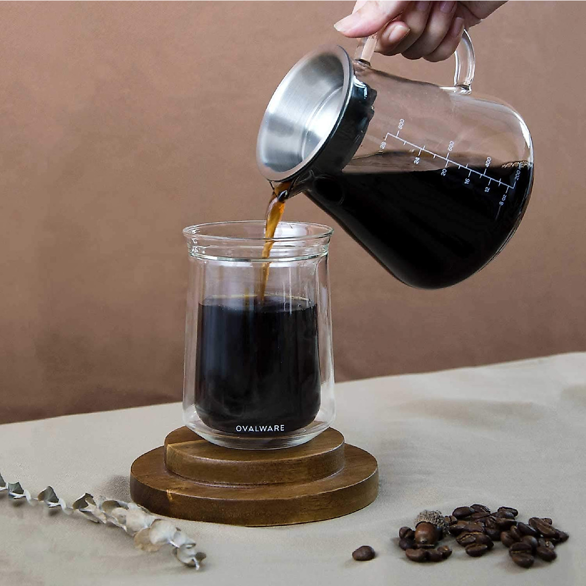 Glass Range Coffee Server For Pour Over Coffee & Tea - 800ml/27oz Ovalware Microwave Safe & Heatproof 2.5mm Thick Glass Body