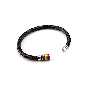 PHOGARY Gay Pride Bracelet LGBT Rainbow Bracelet (2 Packs), Couple Black Leather Bracelet Men’s Women’s Bangle with Rainbow Striped Stainless steel Magnetic Clasp 22cm