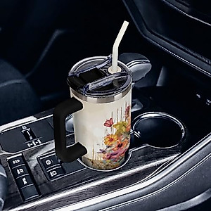 40 Oz Vacuum Tumbler with Black Handle Leakproof Insulated Tumbler Watercolor Rabbit And Flowers Stainless Steel Travel Mug with Lid And Straw Coffee Cup Cute Water Bottles Cup Holder Friendly