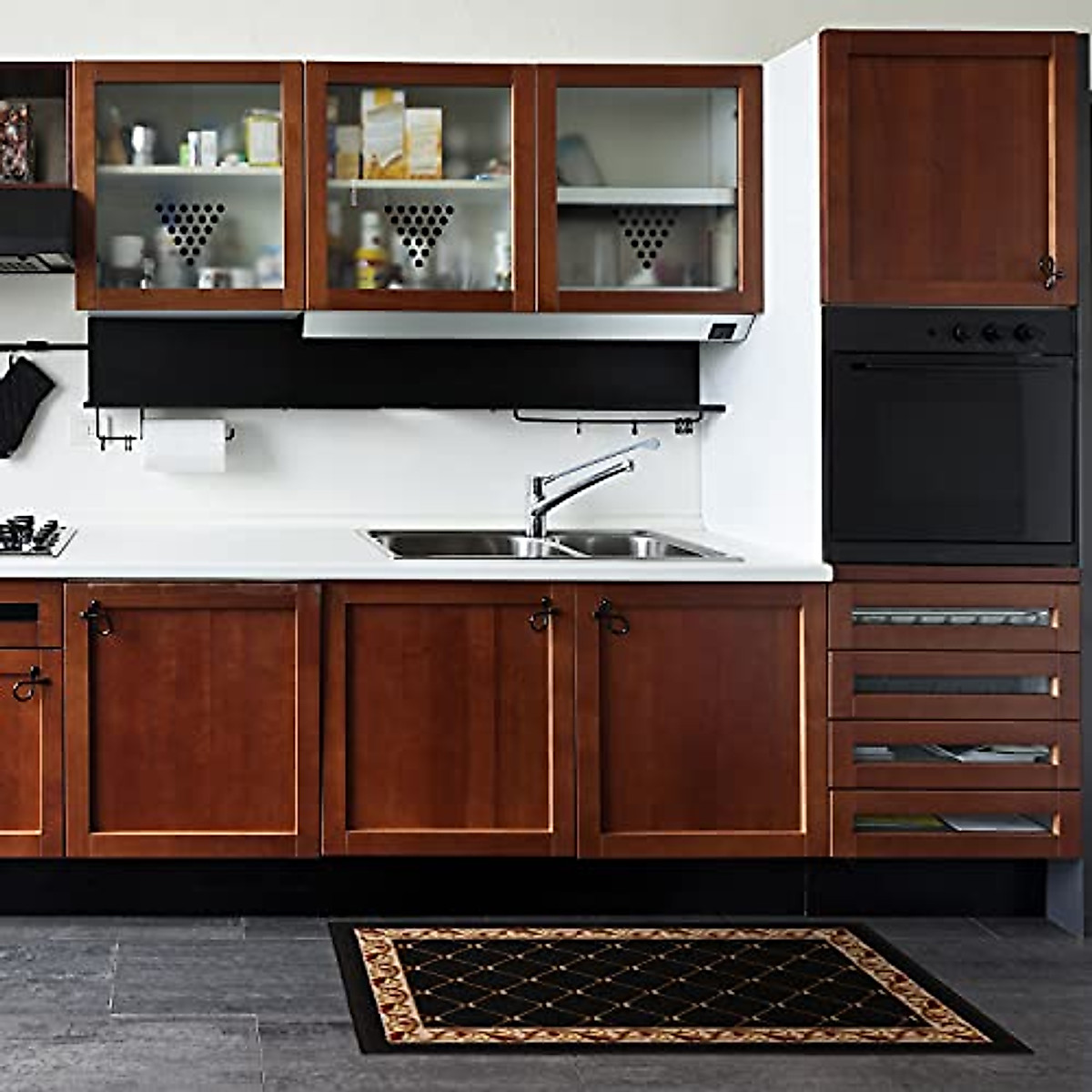 House, Home and More Skid-Resistant Carpet Indoor Area Rug Floor Mat – Traditional Lattice with Floral Border – Ebony Black – 3 Feet X 3 Feet