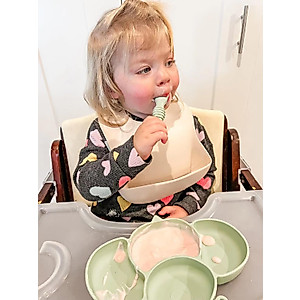 PandaEar 2 Pack Silicone Suction Plates for Baby, Divided Unbreakable Toddler Plate with 2 Pack Spoons for Self Feeding, Babies Utensils Feeding Set Baby Eating Supplies, Bee Shape, Yellow&Green
