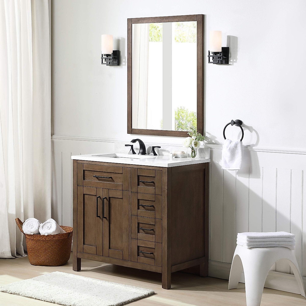 OVE Decors Maya Plus 36 in. Single Sink Bathroom Vanity in Almond Latte Finish, Black Hardware and Included Power Bar