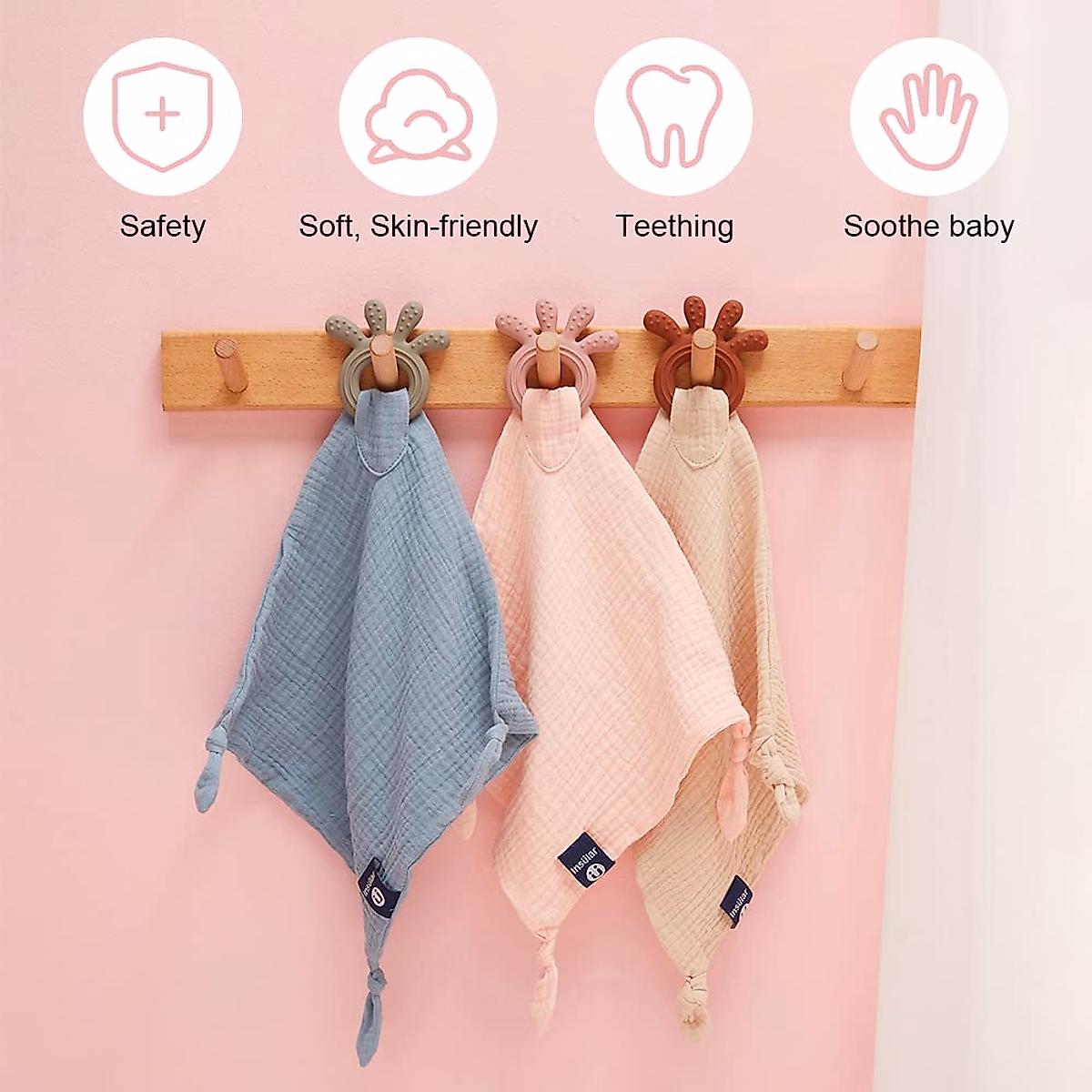 Baby Muslin Security Blanket with Food Grade Silionce Teether,Soothe Teething Toy for Boys and Girls,100% Polyester (Pink)