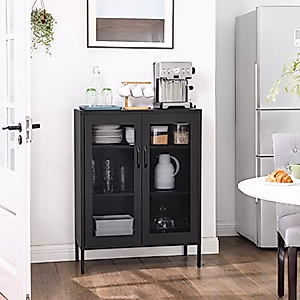 SONGMICS Metal Storage Cabinet with Mesh Doors, Multipurpose Storage Rack, 3-Tier Office Cabinet, Max. Load Capacity 55 lb per Tier, Black UOMC002B01