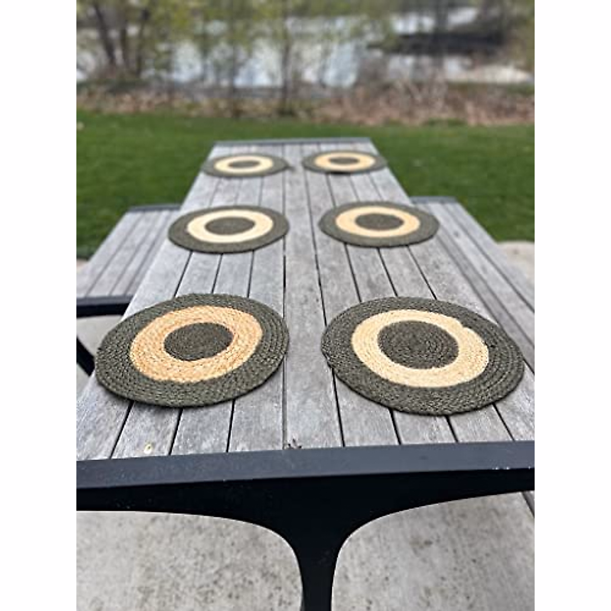 Premium Jute Placemats Set - Golden Fiber Collection | 100% Natural and Eco-Friendly | Soft & Durable | Round 13" x 13" | Dining Room Table Mat in Green and Natural Jute Color (Set of 6)