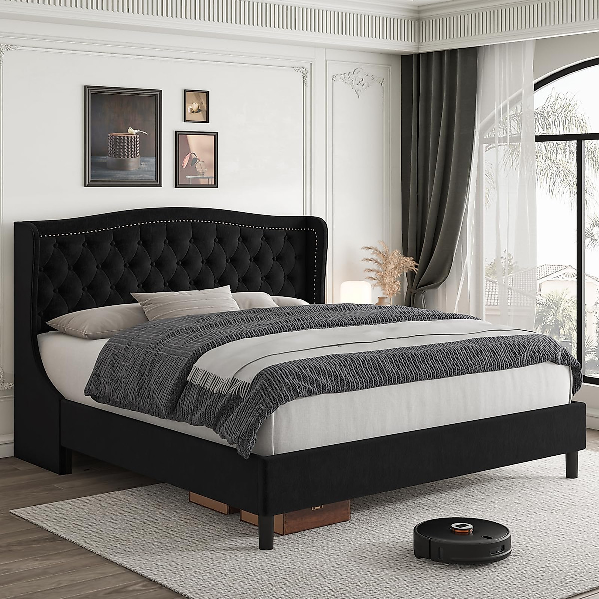 HOSTACK Queen Size Bed Frame, Modern Upholstered Platform Bed with Wingback Headboard, Heavy Duty Button Tufted Bed Frame with Wood Slat Support, Easy Assembly, No Box Spring Needed(Black, Queen)