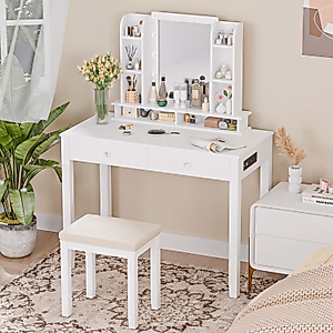 LINLUX Makeup Vanity Desk with Mirror and Lights, White Vanity Table Set with Charging Station, Open Shelves, 3 Color & Adjustable Brightness, Dressing Table with Cushioned Stool for Bedroom