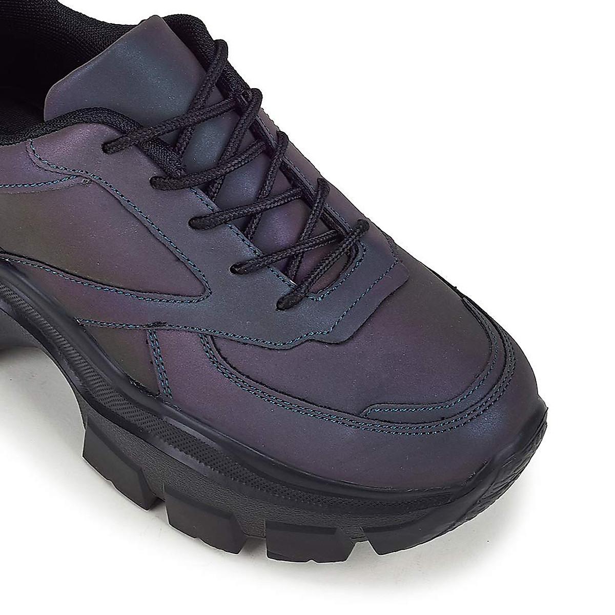 LUCKY STEP Women Chunky Platform Dad Colorblock White Neon Green Fuchsia Hologram Silver Casual Lace-Up Walking Sneakers(Charcoal,10 B(M) US)