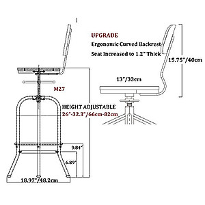 LOKKHAN Industrial Bar Stool-Adjustable Swivel Round Wood Metal Kitchen Stool-26-32.3 Inch Rustic Farmhouse-Counter Height Extra Tall Bar Height Stool,Arc-Shaped Backrest,Welded,Set of 2