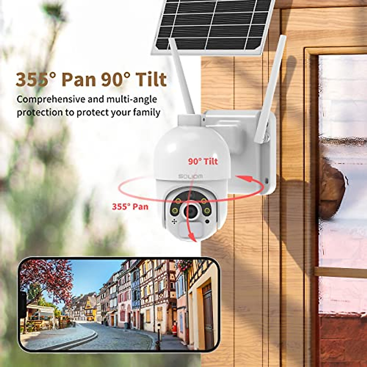 SOLIOM Solar Security Camera Outdoor,WiFi Wireless Battery Powered Rechargeable Home Camera with Panel,Spotlight Color Night Vision and PIR Motion Detection,Siren,2-Way Audio,Cloud Storage/SD S800C