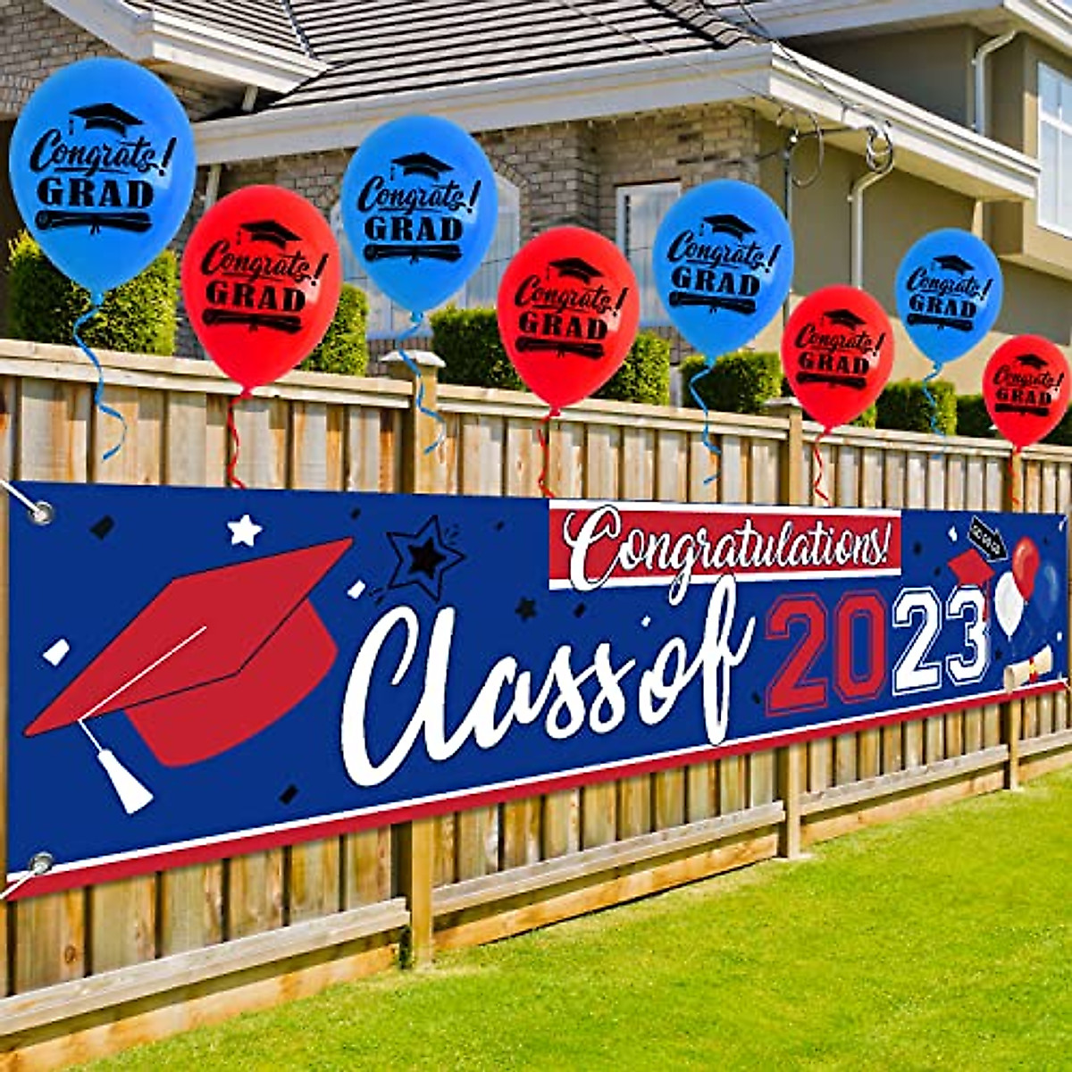 Class of 2023 Graduation Decorations Blue and Red Graduation Banner Large Congratulations Backdrop and 8pcs Congrats Grad Balloons College Graduation Party Graduation Decorations 2023