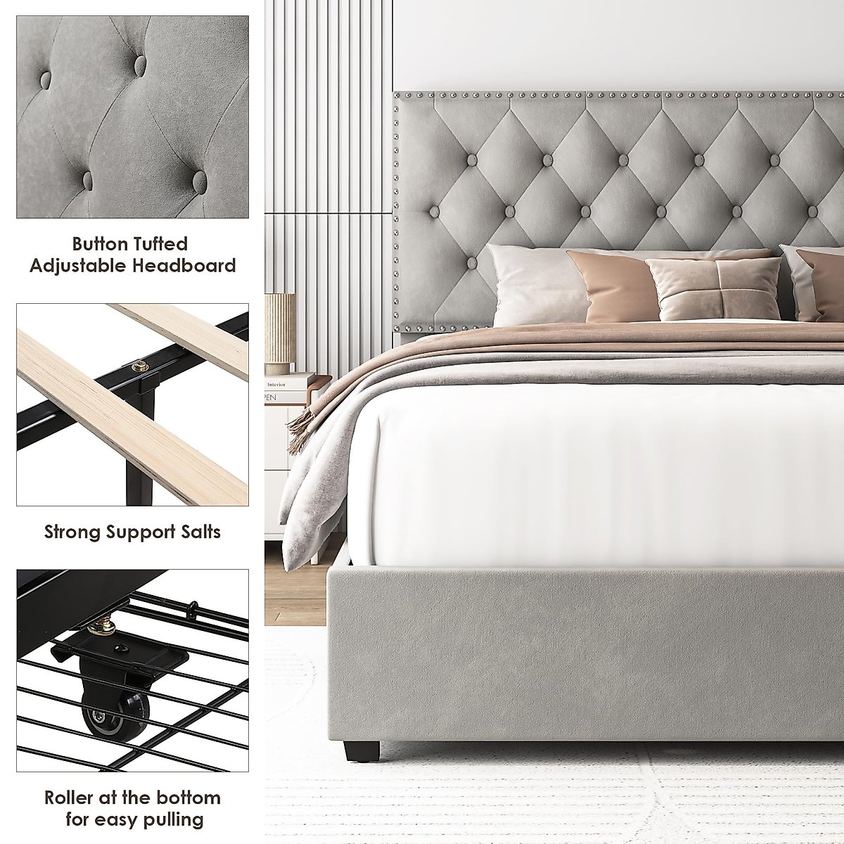 HOSTACK Queen Size Bed Frame with 4 Storage Drawers, Modern Upholstered Platform Bed with Adjustable Headboard,Button Tufted Bed Frame with Wood Slat Support,No Box Spring Needed(Grey, Queen)