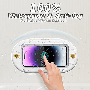 URROY Shower Phone Holder Waterproof, Shower Cell Phone Case for Bathroom Kitchen Wall, 720 Rotating Phone Mount Shelf with Sound Holes, Compatible with 4"- 6.8" Cell Phones