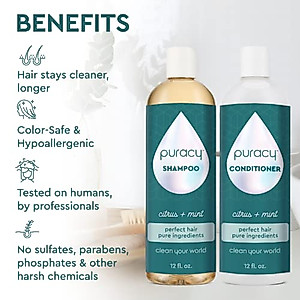 Puracy Shampoo and Conditioner Set, Sulfate-Free, Hair Stays Clean and Silky Longer with LexFeel N5, Color-Safe, 16 Ounce (2-Pack) (12 Fl Oz (Pack of 2))