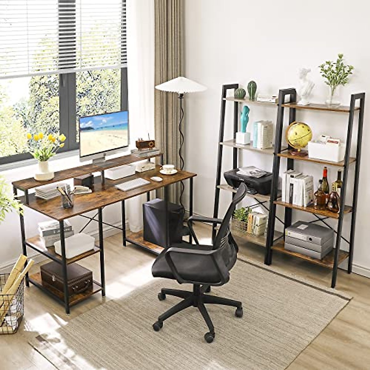 IBUYKE 55" Computer Desk, Office Table, Gaming Workstation with Storage Shelves/Monitor Stand, Study Table for Home Office, Space-Saving, Easy to Assemble, Rustic Brown and Black UTMJ056H