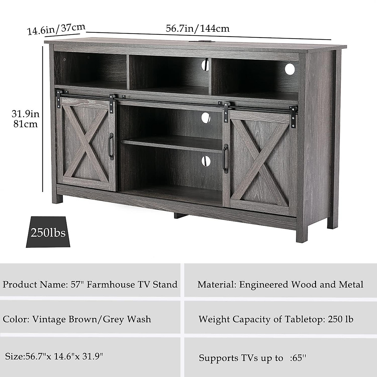 Vinctik 6&Fox 57In Wooden Farmhouse Entertainment Center for 60/65 inch TV,Double Layer Storage Farmhouse TV Stand,Double-Row Sockets with Wood Sliding Barn Door TV Stand(Double Layer White)