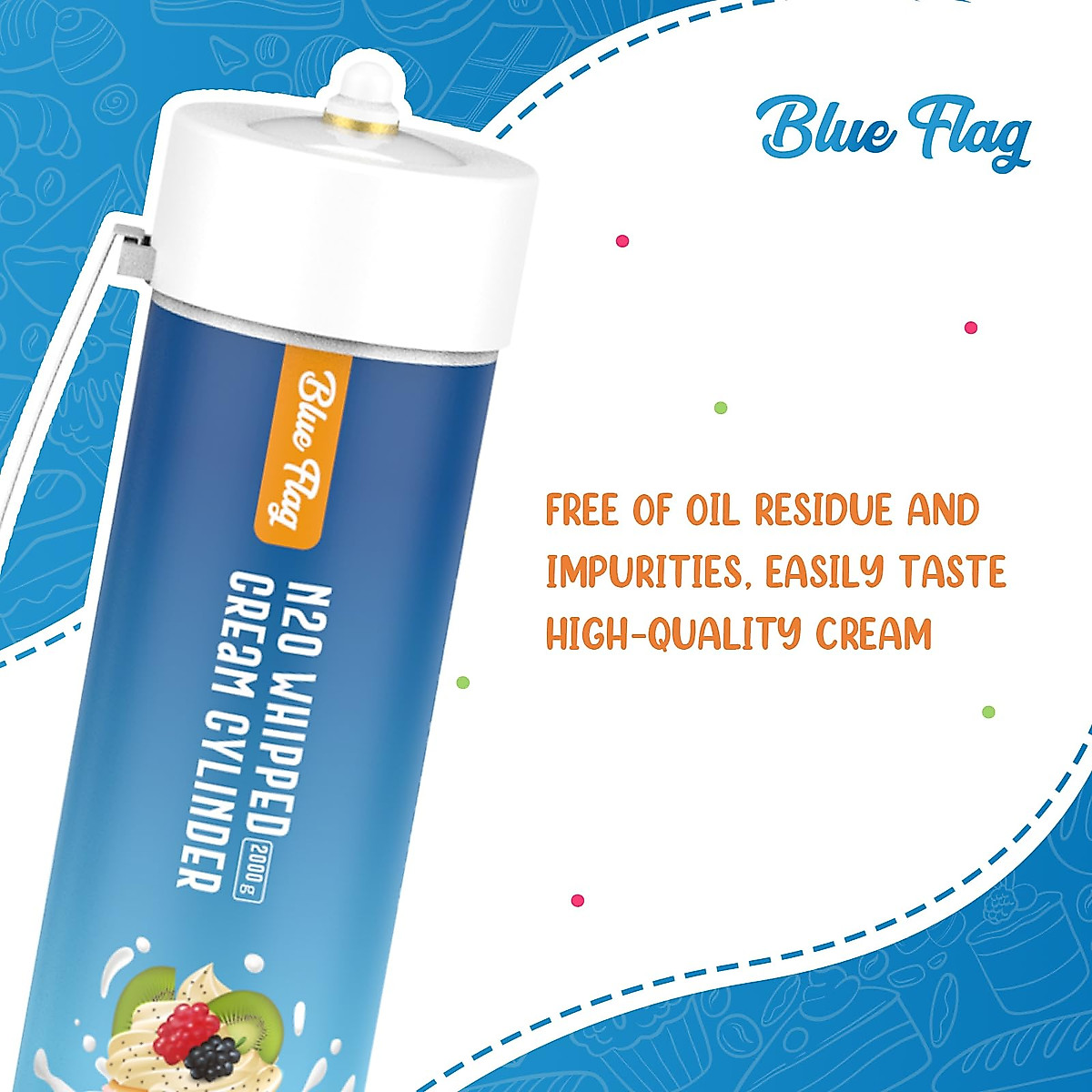 Blue Flag 2000G N2O Whipped Cream Cylinder Charger High Capacity Pure N2O Nitrous Tank Compatible with Cream Whippers