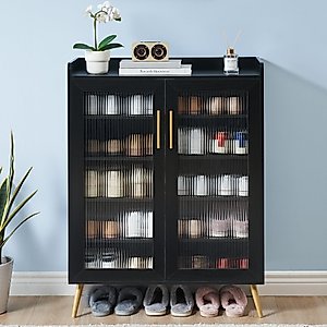 IDEALHOUSE Shoe Cabinet with Glass Doors, 5-Tier Entryway Shoe Organizer Storage Rack with Large Capacity and Adjustable Shelves for Hallway, Living Room, Black