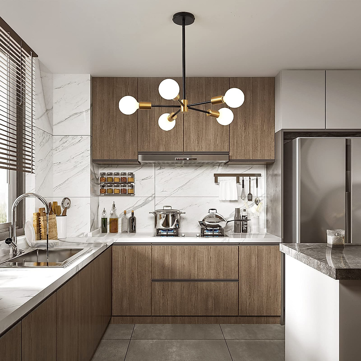 KAISITE Sputnik Chandelier Light Fixture - Modern 5-Light Sputnik Ceiling Light Height Adjustable Gold and Black Hanging Pendant Lighting for Living Room Kitchen Bedroom Hallway Farmhouse