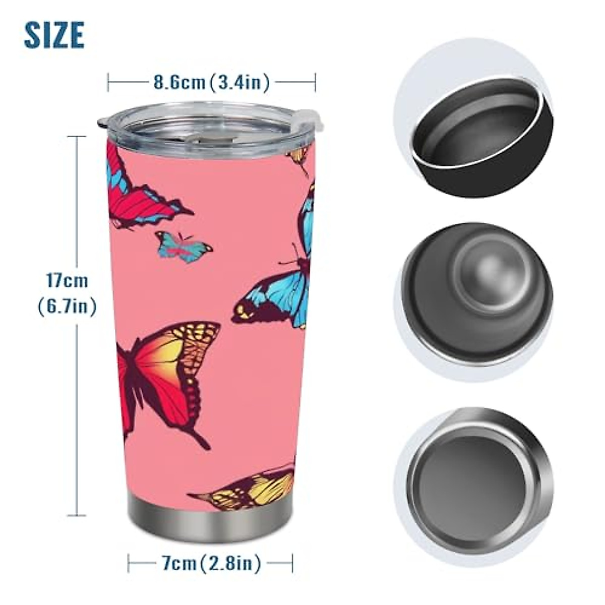QWEUIOP 20oz Insulated Travel Coffee Mug Retro Butterfly Stainless Steel Tumbler with Lid Double Wall Vacuum Coffee Cup For Hot and Cold Drinks14055