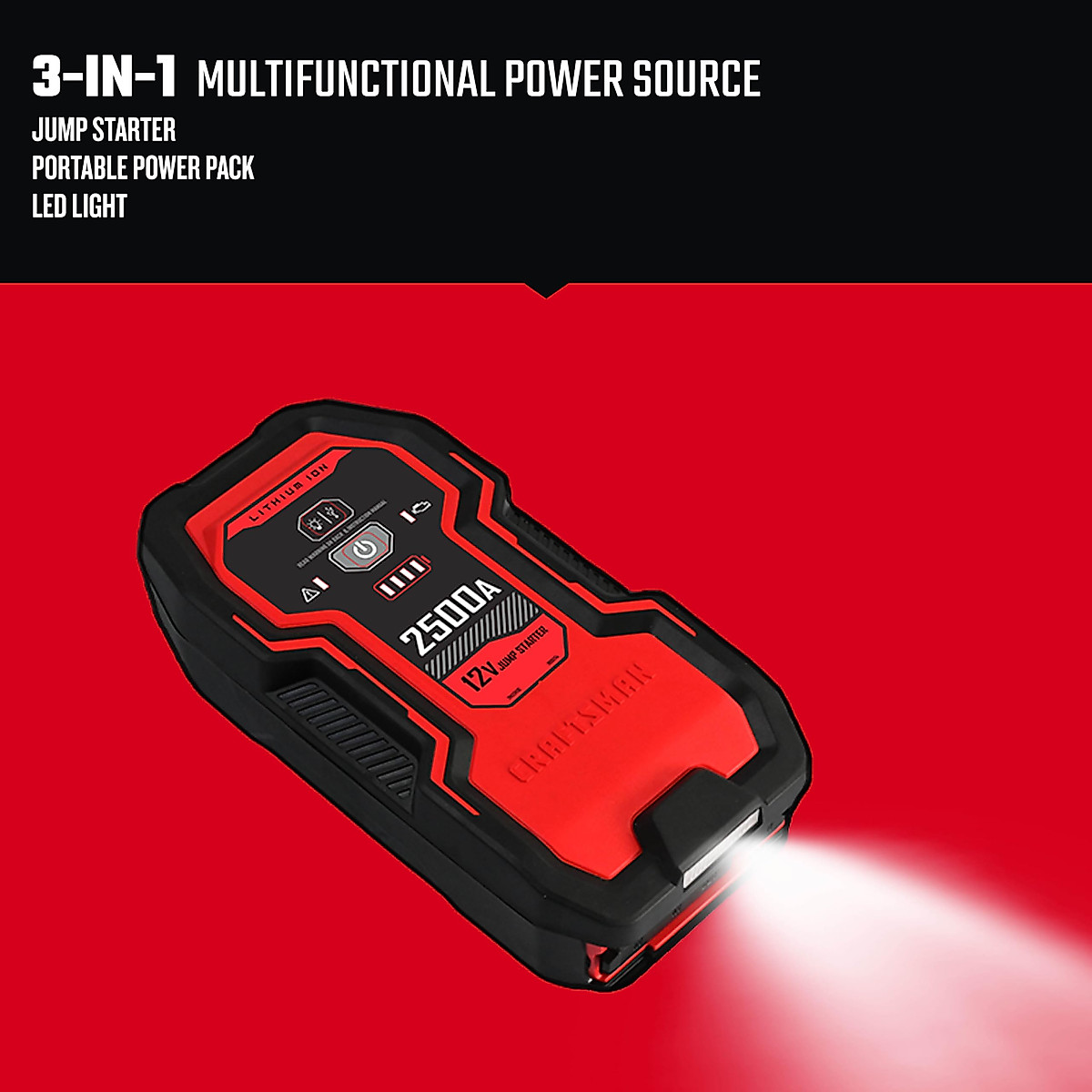 CRAFTSMAN 3-in-1 Lithium Jump Starter and Portable Power Pack, CMXCESM262 2500 Peak Amps, 12 Volts, 10.0L Gas, 8.0L Diesel Engines, for Motorcycles, Cars, SUV, Truck, and Boat Batteries