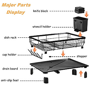 Lyellfe Dish Drying Rack, Rust-Proof Dish Drainer with Drainboard Utensil Cup Holder, Black Iron Dish Rack and Drainboard Set for Kitchen Counter, Over The Sink