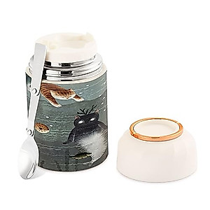 CUPADA Watercolor Cat Seamaid Food Jar, Sea Waves Fishes Insulated Hot Food Jars Vacuum 17OZ with Folding Spoon for Work Trip Picnic Camping