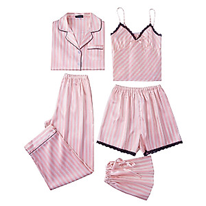 Escalier Womens 5pcs Silk Satin Pajama Set Cami Pjs Sleepwear Button Down Pj Sets Loungewear Pink