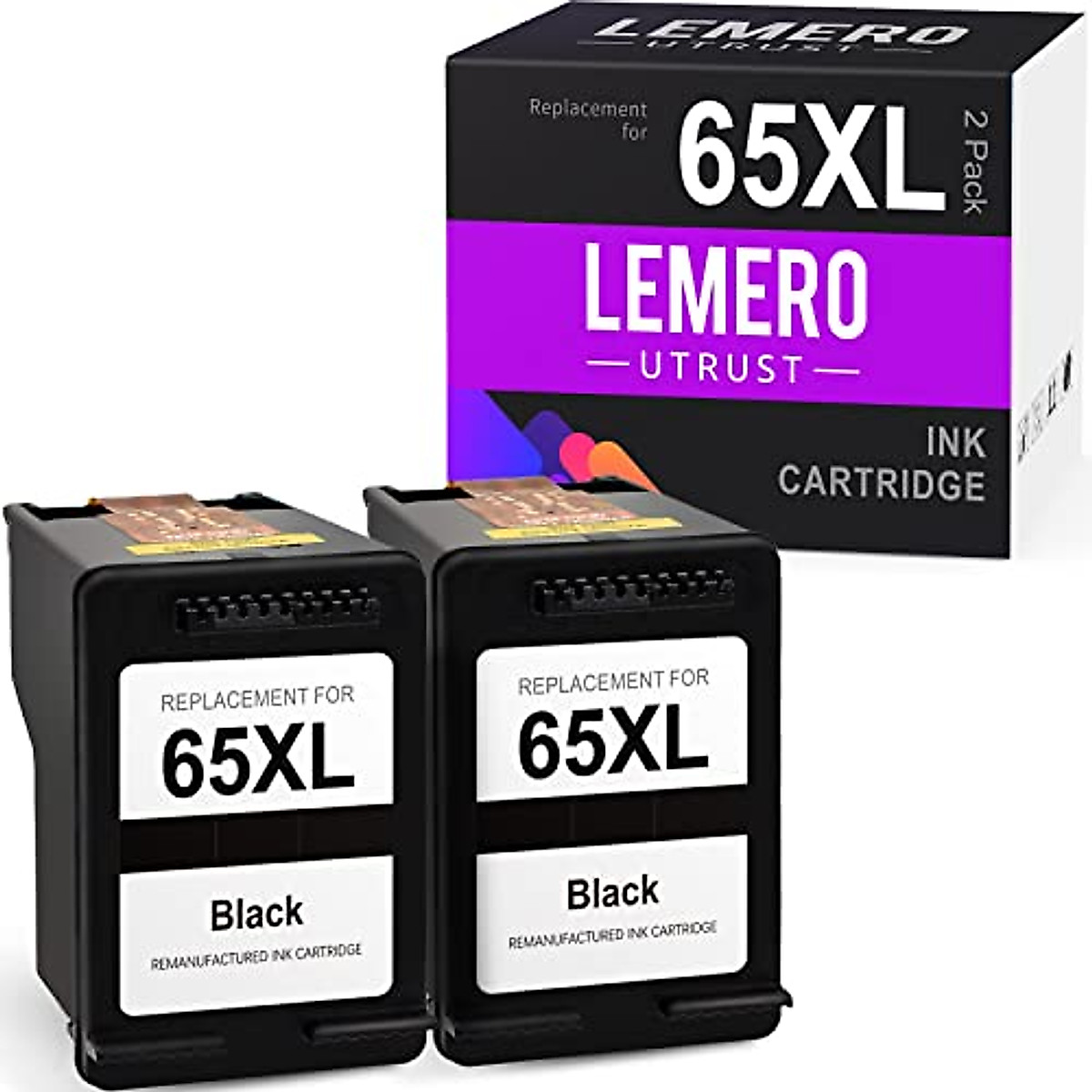 LemeroUtrust 65XL Black Remanufactured Ink Cartridge Replacement for HP 65 65XL use with HP Envy 5055 5052 5010 DeskJet 2652 2622 2655 3752 3720 AMP 100 120 (Black, 2-Pack)